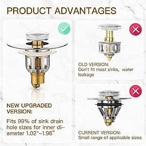 Bathroom Sink Drain Stopper, Pop Up Bathtub Sink Strainer with Anti-Clogging Basket, Hair Catcher for 1.02-1.96" Hole (1 Pack)