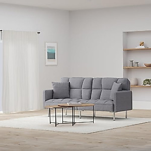 Best Choice Products Convertible Linen Fabric Tufted Split-Back Plush Futon Sofa Furniture for Living Room, Apartment, Bonus Room, Overnight Guests w/ 2 Pillows, Wood Frame, Metal Legs - Dark Gray