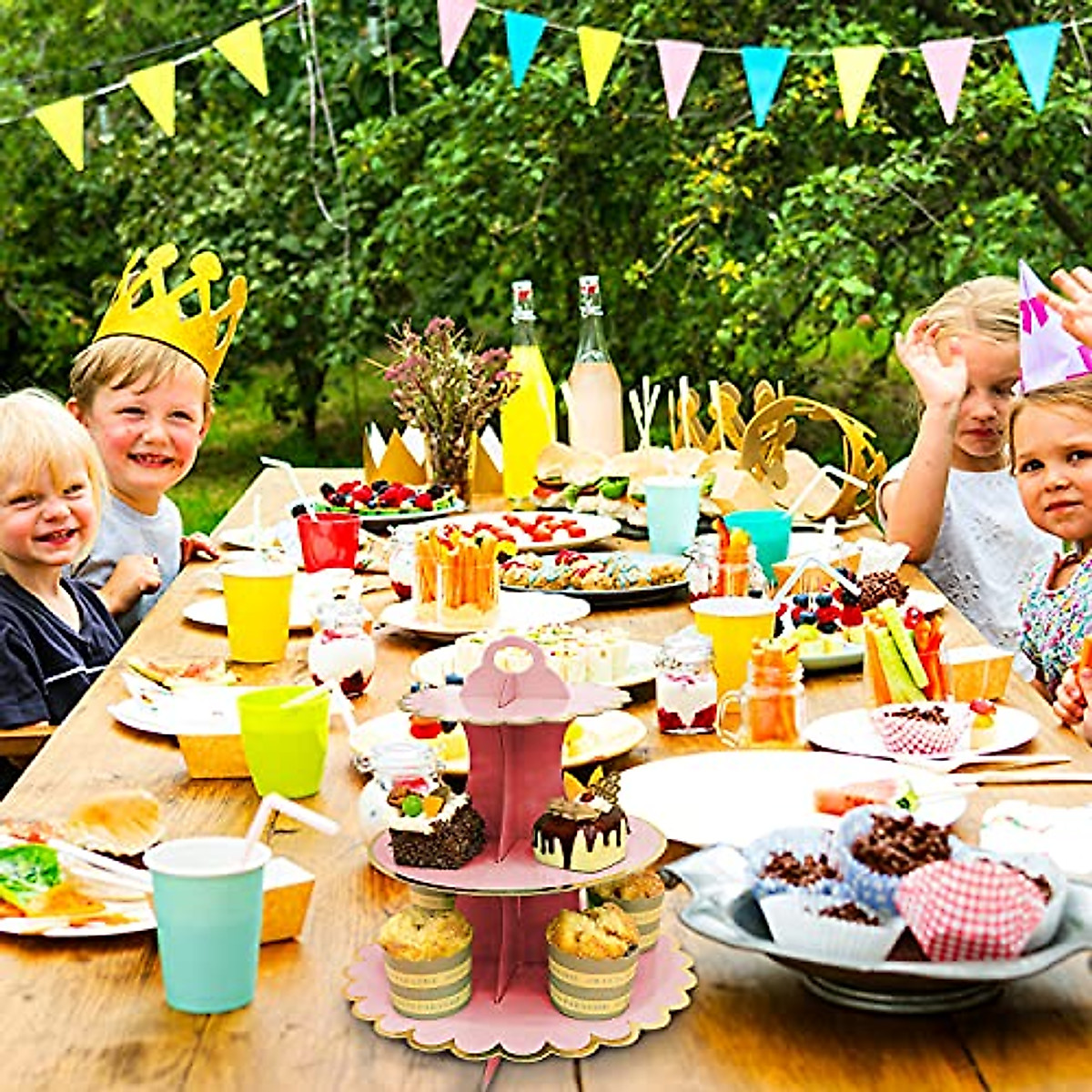 Cupcake Stand,3 Set of 3-Tier Dessert Plates Mini Cakes Fruit Candy Display Tower Cookie Tray Rack Candy Buffet Holder Cake Stand Cardboard Cupcake Stand Tiered Serving Stand (Pink)
