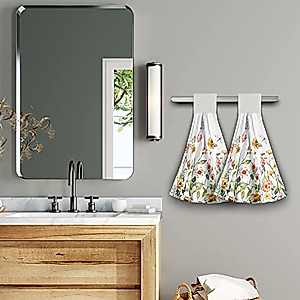 Wild Flowers Hanging Tie Towels Set 2 Pcs Summer Spring Floral Kitchen Hand Towel Absorbent Soft Coral Velvet Tea Bar Dish Dry Cloth for Kitchen Bathroom