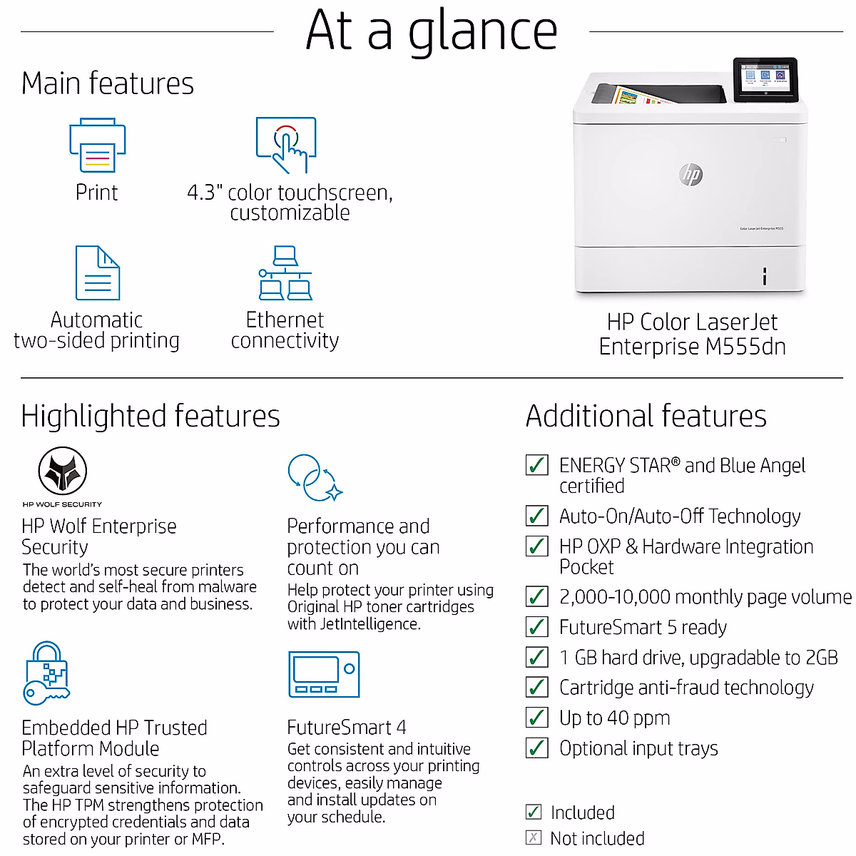 HP Color Laserjet Enterprise M555dn Single-Function Wired Laser Printer for Home Office, White - Print only - 4.3" Touchscreen, 40 ppm, Automatic Duplex Printing, Ethernet, USB, Tillsiy Printer Cable