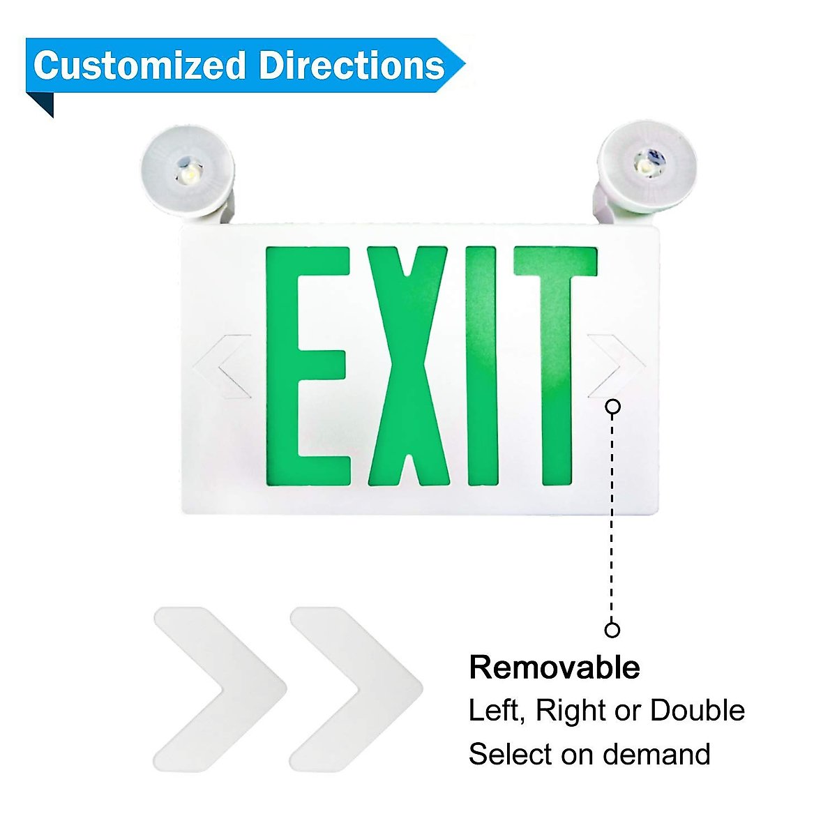 SPECTSUN LED Exit Sign Battery Backup, Green Exit Emergency Light with 2 Lamp Heads, Fire Exit Sign with Emergency Lights, Hardwired Exit Sign - 4 Pack, Ceiling/Wall Mount 2 sided Exit Sign with Arrow