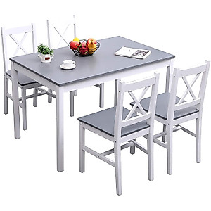 SogesPower 4-Person Dining Table Set 5 Pieces, Wood Kitchen Table Set with 4 Chairs for Kitchen Dining Room Restaurant, Grey and White
