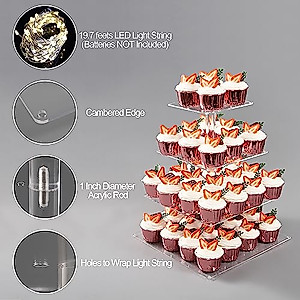 Yumhouse Cupcake Stand for 50 Cupcakes,4-Tier Acrylic Cupcake Tower Holder,Cupcake Holder,Dessert Stands with LED Light String for Cupcake Display,Wedding,Birthday,Baby Shower