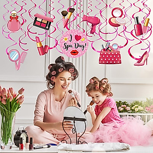 30 Pieces Spa Day Hanging Swirl Decorations, Makeup Party I Love Spa Sign Foil Swirls Ceiling Decor Cutout Card for Girl Women Nail Birthday Theme Party Baby Shower Supplies