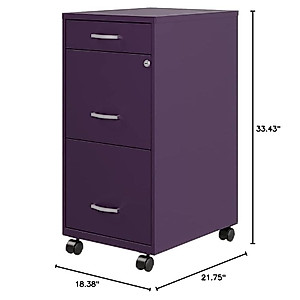 Hirsh Space Solutions 18" Deep Modern Mobile Metal Organizer File Cabinet with Cam Lock & Casters, 3-Drawer, Letter-Size, for Small Home/Home Office in Midnight Purple