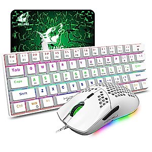 60% True Mechanical Gaming Keyboard Mouse Set, Type C Wired 61 Keys Layout Rainbow LED Backlit USB Waterproof Keyboard Anti-ghosting Keys+Lightweight RGB Mice 6400DPI for Computer/PC/Laptop/MAC(White)