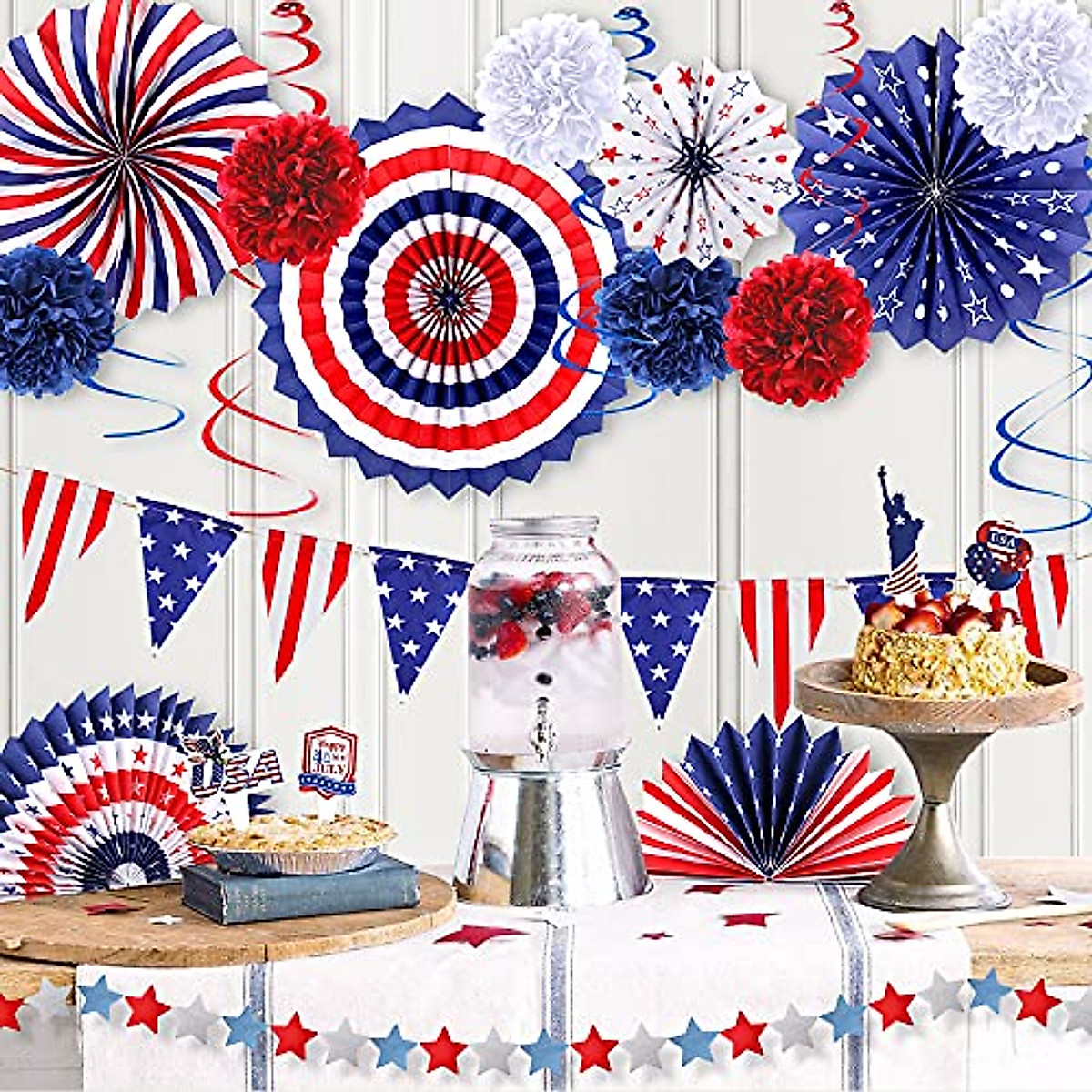 46pcs 4th of July Patriotic Decorations - Fourth of July Decor American Flag Party Supplies - USA Flag Pennant, Red White Blue Paper Fans, Cupcake Toppers, Star Streamer, Hanging Swirls Party Decor