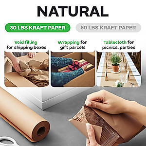 IDL Packaging 36" x 2160" (180 ft) Brown Kraft Paper Roll, 30 lbs - Quality Paper for Packing, Moving, Shipping, Crafts - 100% Recyclable Natural Kraft Wrapping Paper