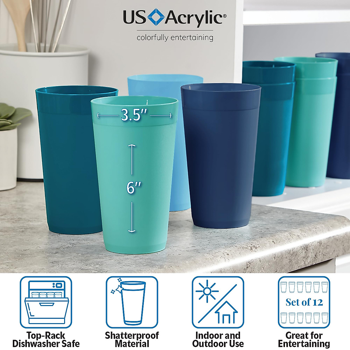 US Acrylic Newport 20 ounce Unbreakable Plastic Stackable Water Tumblers in 4 Coastal Colors | Set of 12 Drinking Cups | Reusable, BPA-free, Made in the USA, Top-rack Dishwasher and Microwave Safe