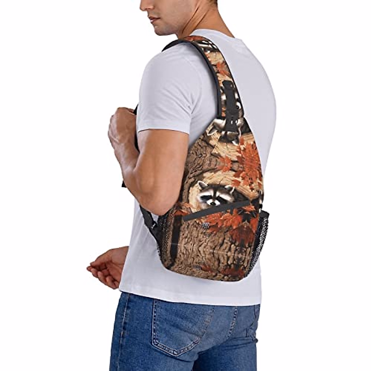 Raccoon In The Fall Tree Hole Man Woman Sling Backpack Multipurpose Chest Bag Travel Daypack Anti-Theft Cross Body Bag
