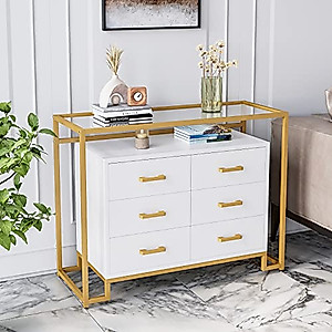 Senfot 6 Drawer Dresser, Wood Dresser Chest with Wide Storage Space, Steel Frame & Tempered Glass Top, Storage Tower Clothes Organizer, Large Storage Cabinet for Bedroom, Living Room