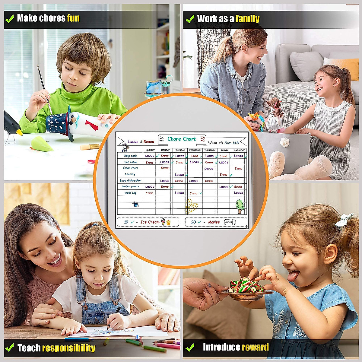 Magnetic Chore Chart for Kids Teens and Adults 12 x 17 Inches - Dry Erase Whiteboard Reward Chart for Multiple Kids with 5 Markers and Eraser - Daily Responsibility Planner Schedule Board for Kids