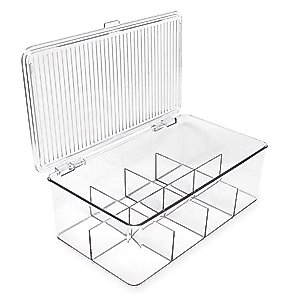 Isaac Jacobs Divided Clear Plastic Organizer (10.75” x 6.5” x 3.7”) w/Hinged Lid, Stackable Storage Box for Tea Bags, Crafts, Office Supplies, Cosmetics, Jewelry, BPA-Free, Food Safe Pantry Container