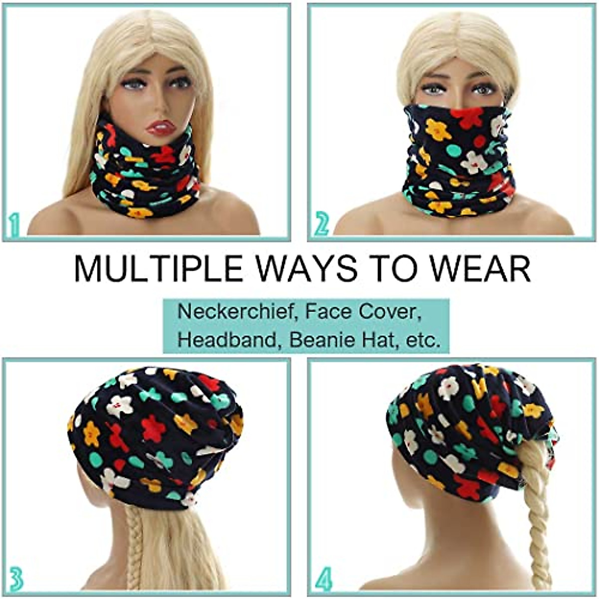 Woeoe Stocking Stuffers Baggy Slouchy Beanie Hats Fleece Lined Skullies Beanies Multifunction Warm Winter Chemo Hat Cap Scarf for Women and Girls（Pack of 2 (Balck)