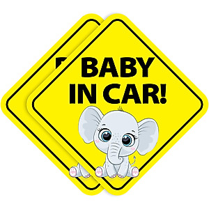 Stickios Baby in Car Stickers for Boys & Girls (2-Pack) - Paint-Safe, Removable, Non-Magnetic Baby Safety Stickers for Cars & Windows - Baby Elephant (2 Vinyl Decals)