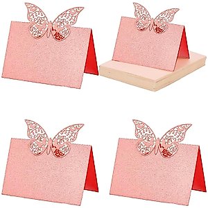CRASPIRE 60Pcs Wedding Table Place Cards Pink Hollow Butterfly Paper 3D Seat Number Name Place Cards for Wedding Engagement Banquet Party Decoration Reception Holiday Birthday Dinner Supplies