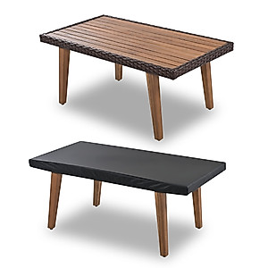 Hlcodca 4 Piece Wicker Patio Conversation Furniture Set,PE Rattan Patio Seating Set with Acacia Wood Tabletop and Legs, Outdoor Sofa Set for Balcony, Porch, Backyard (Brown and Blue/)