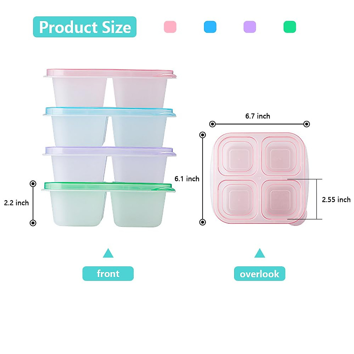 Aimkeoulee 4 Pack Snack Containers with Lids,Reusable 4 Compartments Bento Lunch Box, Divided Meal Prep Lunch Box, Food Storage Containers (Multicolor 2(Pink/Green/Blue/Purple))