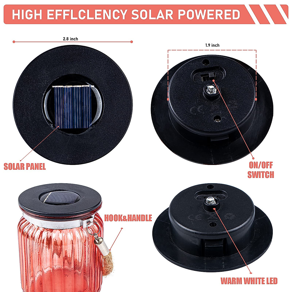 2 Pack Hanging Solar Jar Lanterns - Outdoor Solar Jar Lights Waterproof Decorative LED Lights Red for Patio Yard Garden Party Wedding Decor