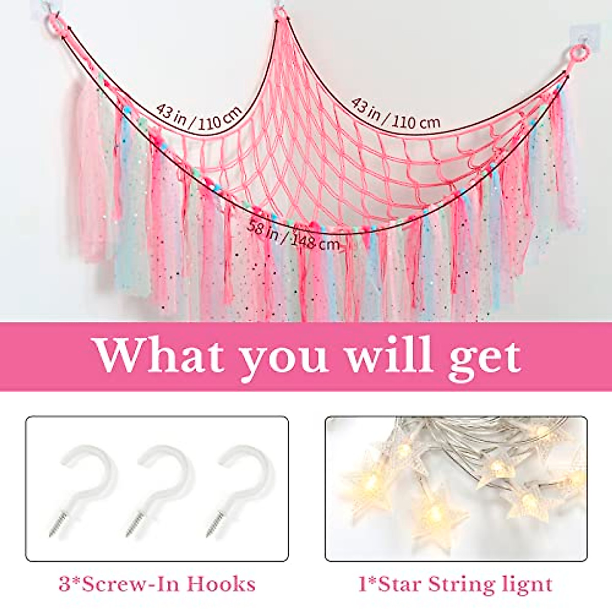 Dremisland Stuffed Animals Storage with Fairy Lights Toy Hammock Hanging Stuffed Animal Storage Organizer Holder with Lace Tassels for Nursery Play Room, Kids Bedroom (Pink)