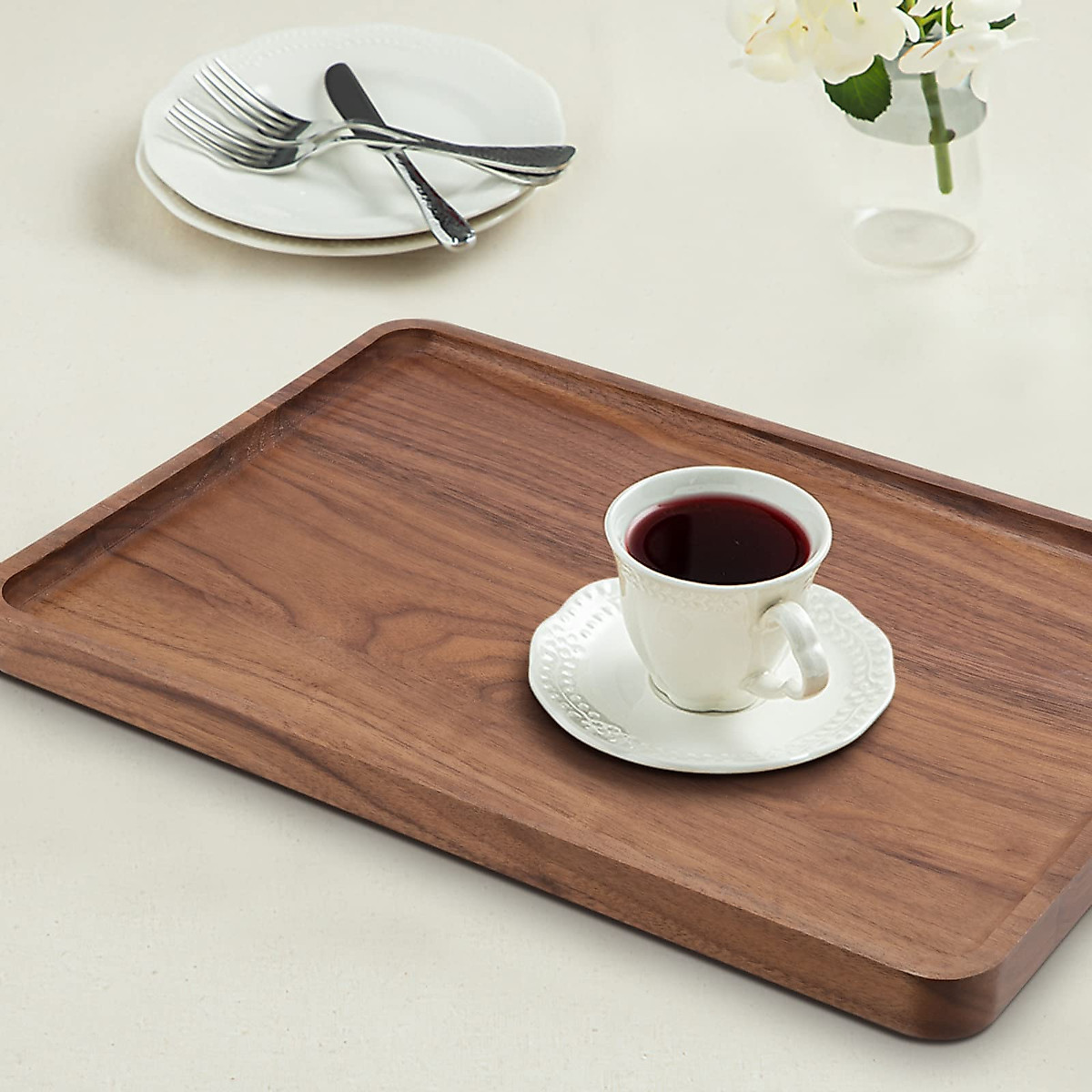 SEHOI 2 PCS 13.4 x 9 Inches Wood Serving Platters, Wooden Rectangular Serving Trays, Natural Walnut Wood Solid Snack Trays with Edge, Rectangle Dinner Plate Board for Breakfast, Lunch, Dinner