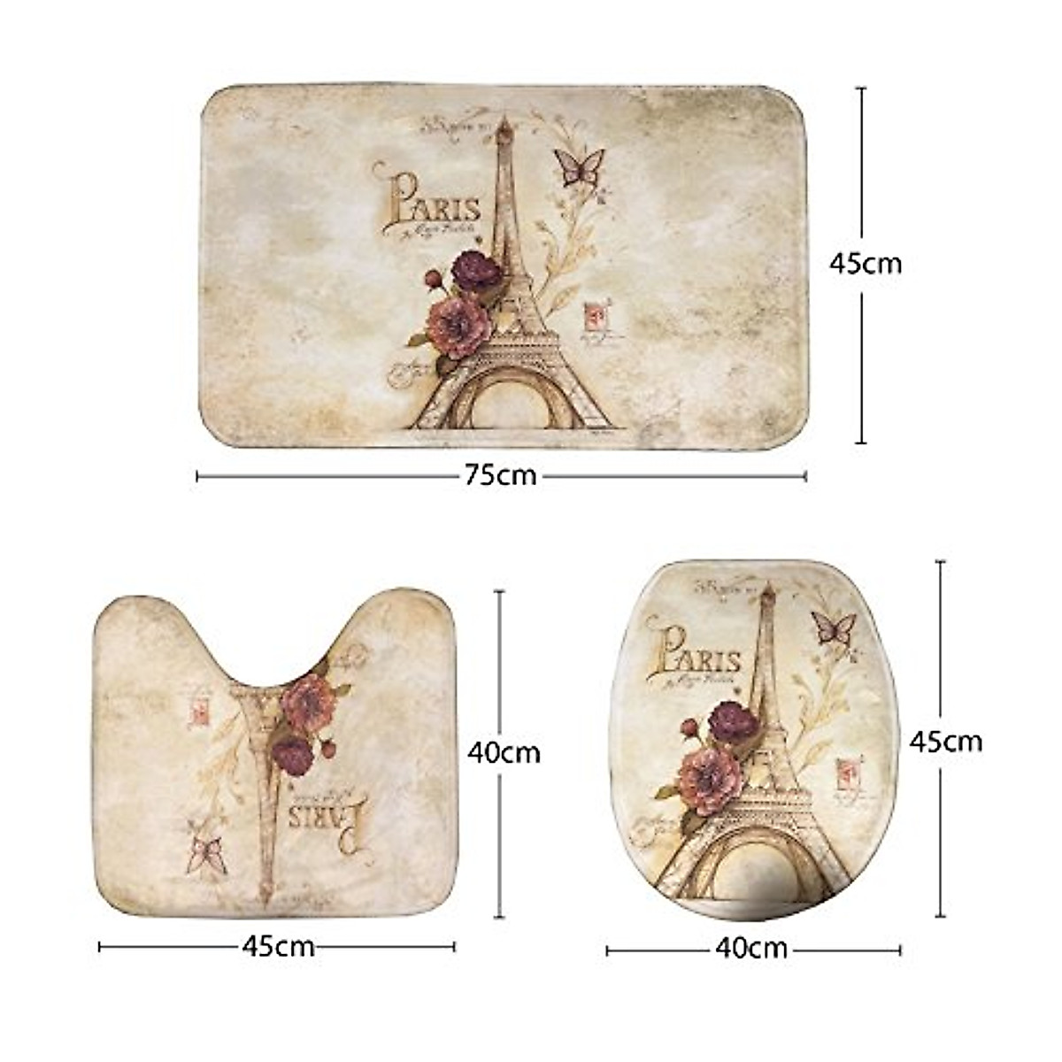 Amagical 16 Piece Vintage Paris Brown Eiffel Tower Shower Curtain Set Bathroom Mat Set Purple Flower Butterfly Bath Mat Contour Mat Toilet Cover and Shower Curtain with 12 Hooks