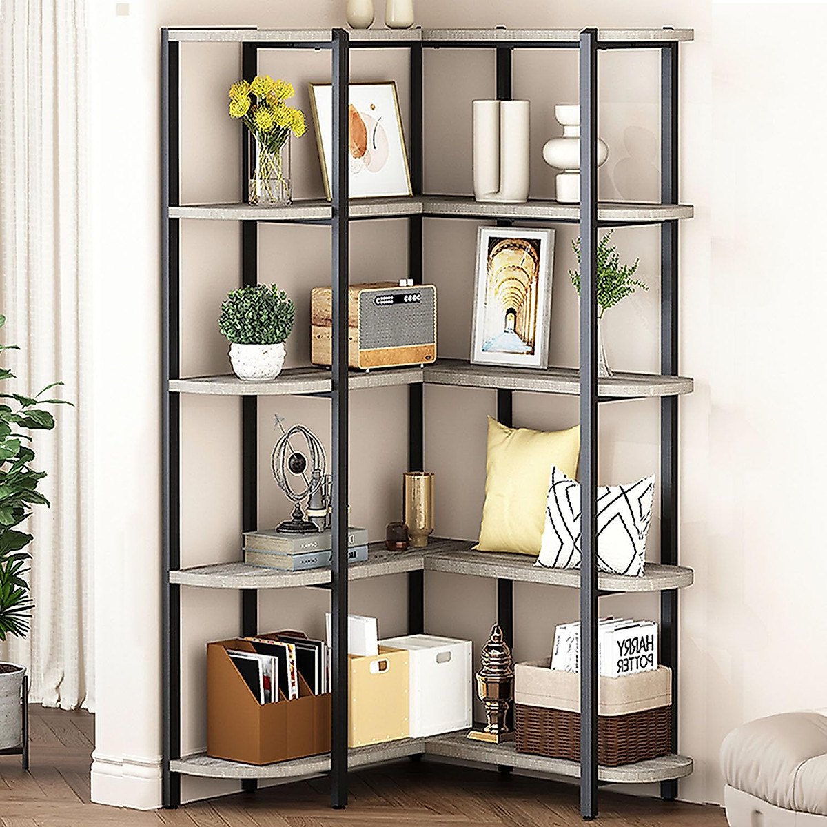 Launica 5 Tier Corner Bookshelf, Tall Grey L Shaped Book Shelf with Storage, Large Industrial Wood Metal Open Bookcase. Farmhouse Standing Bookshelves for Bedroom, Living Room, Kitchen, Gray