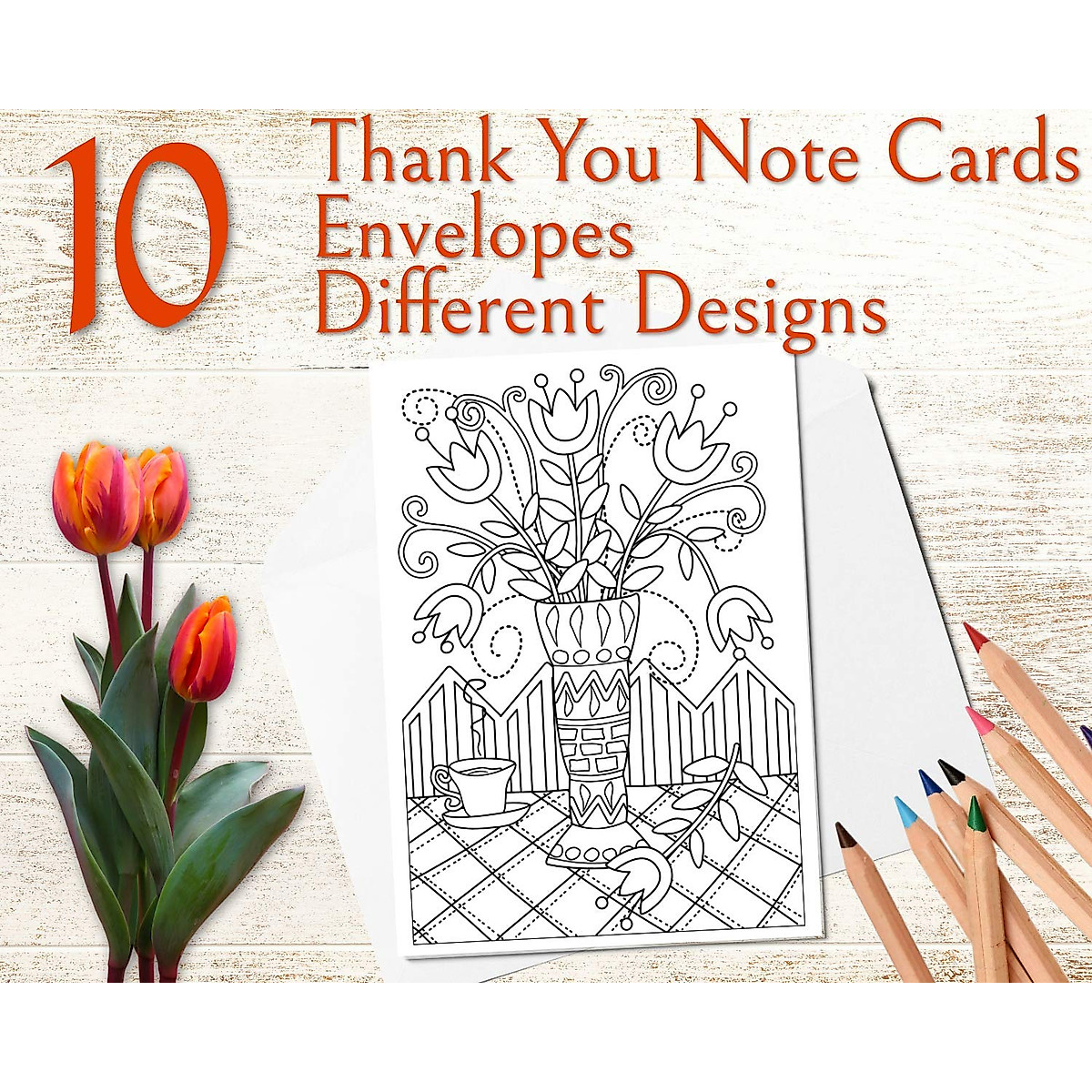 Art Eclect Adult Coloring Greeting Cards for Birthdays, Thank You Note Cards and Sympathy Cards (10 Cards With 10 Different Unique Designs and 10 White Envelopes, Set Garden/White)
