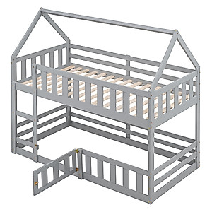 Favfurish Twin Over Twin House Bunk Bed with Fence and Door,Solid Wood Down Bed Frame,w/Sky Roof & Safety Guardrail,No Box Spring Needed,for Kids, Teens, Girls, Boys,Grey