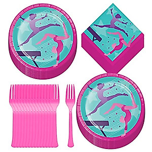 Gymnastics Party Supplies - Girl Gymnast Paper Dinner Plates, Napkins, and Forks (Serves 16)