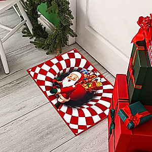 Illusion Christmas Door Mat Xmas Santa Claus with Gifts 3D Visual Vortex Red and White Plaid Rug for Christmas Front Door Non-Slip Welcome Entrance Door Mat Kitchen Home Bathroom Carpet Decorations