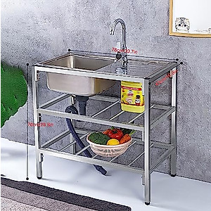 Single Bowl Kitchen Sinks, Stainless Steel Utility Sink, Free-standing Kitchen Sink, Single Bowl with Single cold faucet, Durable Utility Washing Hand Basin With Workbench, For Indoor Outdoor