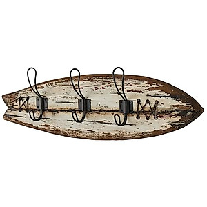 Deco 79 Wood Surfboard Handmade Distressed Fish Shaped 3 Hanger Wall Hook with Metal Accents, 23" x 2" x 7", Brown