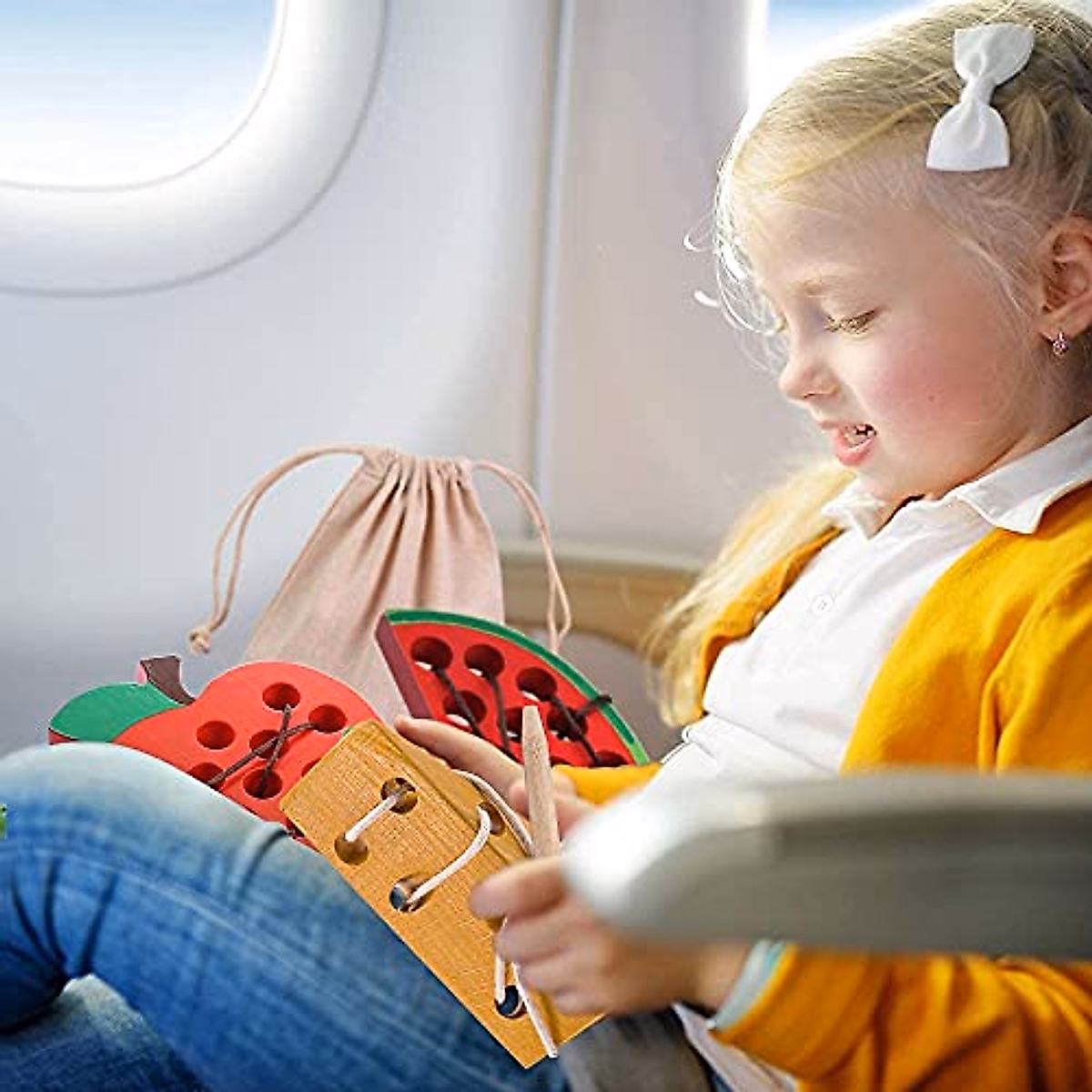 KLT Lacing Toy for Toddlers, Wooden Threading Toy Kids Travel Car Airplane Activities, Road Trip Essentials Games, Educational learning Fine Motor Skills Montessori Toys 1 Apple,1 Watermelon, 1 Cheese