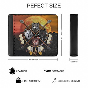 Bhqcflkwpz Native American Wolf Dreamcatcher Bifold Wallet Slim Print Wallets ID Display for Work Business white One Size
