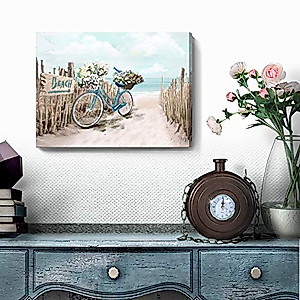 Beach Canvas Wall Art for Bathroom Ocean Pictures Seaside Bicycle Canvas Print Seascape Painting Framed Teal Aqua Blue Calming Shoreside Artwork for Modern Coastal Themed Lake Home Bedroom Décor Ready to Hang 12x16inch