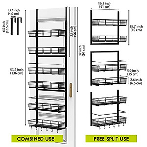 Mefirt Over The Door Pantry Organizer, Wall Mount Spice Rack, 6 Adjustable Baskets and Dual-use (Multi-use) Heavy-Duty Metal Hanging Seasoning Rack-Kitchen Organization,Bathroom,Closet, Cabinet,Cans