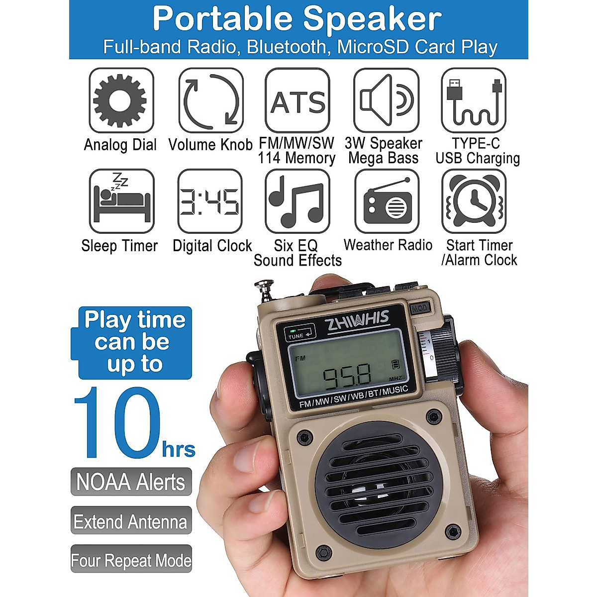 ZHIWHIS Shortwave Radio, MP3 Player with Weather Radios Portable AM FM, Retro Bluetooth Speaker with 6 EQ Modes, Rechargeable Alarm Clock Receiver with Sleep Time and NOAA Alerts ZWS-701