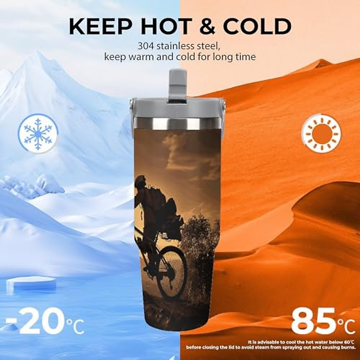 30oz Stainless Steel Insulated Tumbler with Flip Lid & Straw, Leakproof Travel Mug for Car, Mountain Bike in The Evening Double Wall Vacuum Thermal Coffee Cup with Handle, Spill-Proof Design for Hot/C