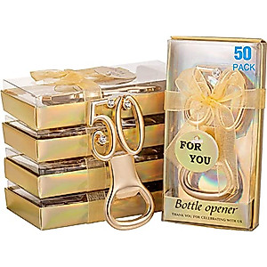 50 Pcs Golden Bottle Opener Birthday Party Favors, Rhinestones Wedding Anniversary for Guests Beer Opener Favor Gift Party Decor