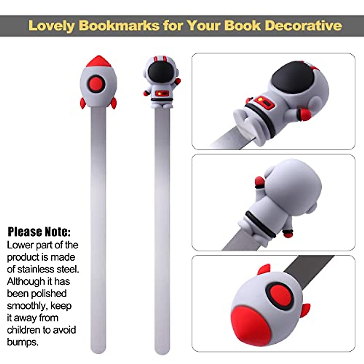 2PCS Metal Bookmark Cartoon Astronaut Rocket Bookmarks Unique Perfect Space Theme Page Markers Set Graduation Gifts for Kids Teens Adults Book Lovers Writers Readers Students Teachers Reading