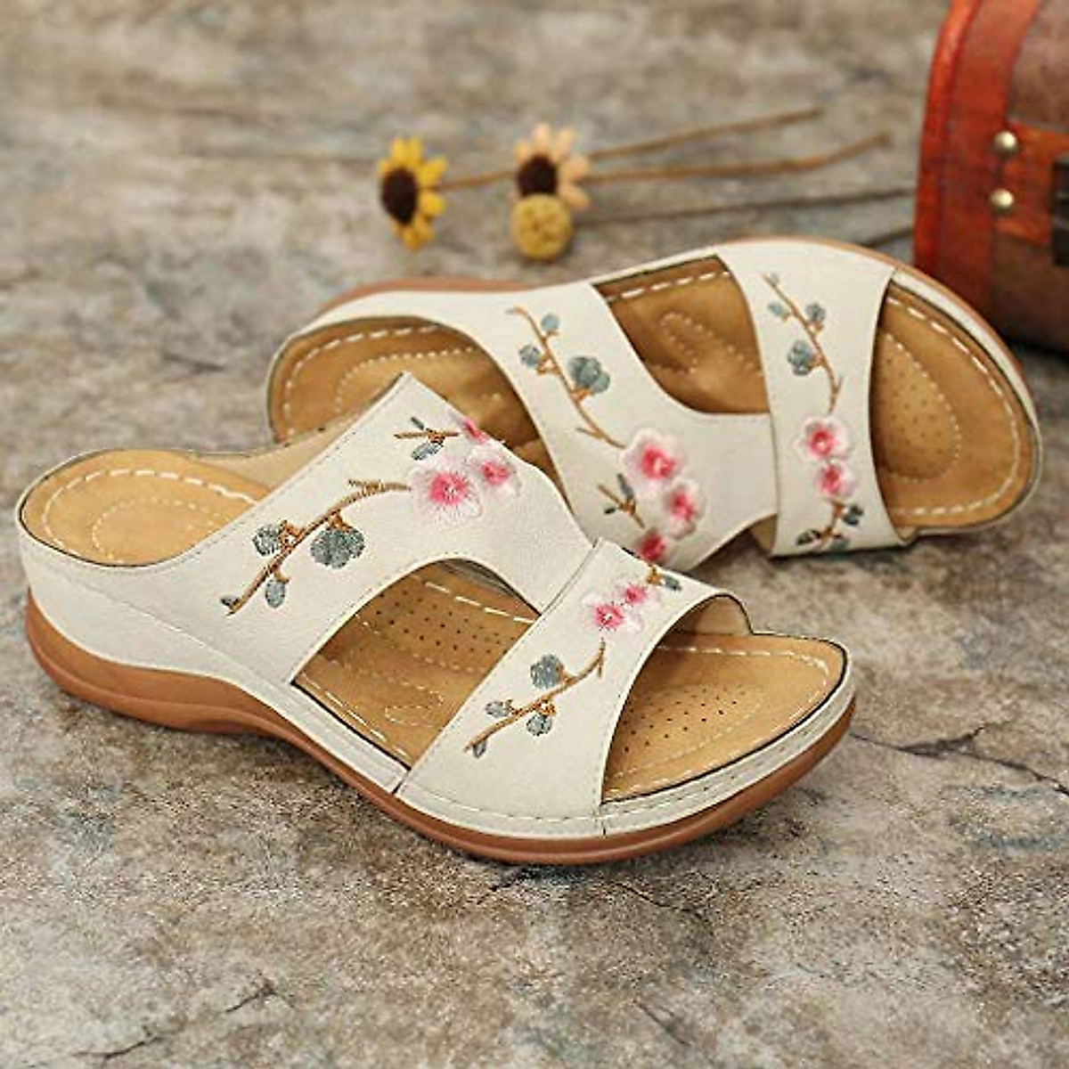 Aniywn Summer Slippers Womens Wedge Heel Embroidery Floral Sandals Women's Shoes Open Toe Arch Support Women Shoes