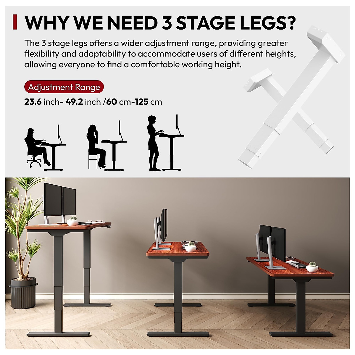 SANODESK 55" Electric Standing Desk, Dual Motor Height Adjustable Desk, Stable and Durable 3-Stage Stand up Desk for Home Office (Black Frame/55 x 28 Inch Mahogany top)