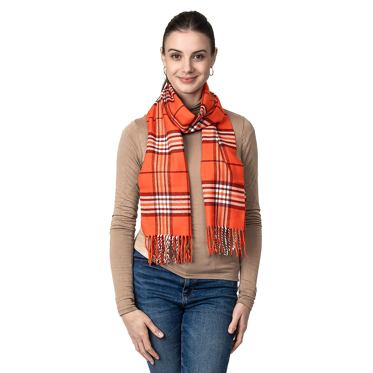 Achillea Scottish Tartan Plaid Cashmere Feel Winter Warm Scarf Unisex (Orange Plaid)