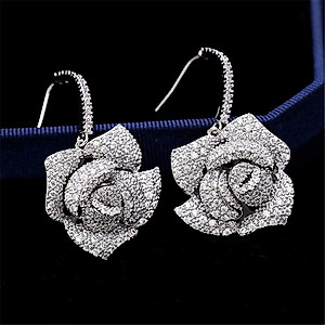 Huggie CZ Flower Dangle Stud Earrings for Women Girls with Charms Fashion Luxury Pave Rhinestone Filigree Camellia Rose Dainty Crystal Drop Dangling Wedding Prom Jewelry Dainty Gifts Valentine Mother's Day (Clear)