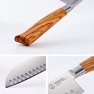 Messermeister Oliva Elite 7” Kullenschliff Santoku Knife - Japanese Chef’s Knife - German Steel Alloy Blade & Mediterranean Wood Handle - Rust Resistant & Easy to Maintain