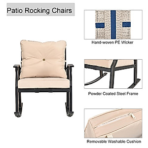 LOKATSE HOME 3 PCS Patio Bistro Furniture Outdoor Wicker Rocking Chairs Sets Armchairs with Cushion and Metal Coffee Table for Backyard Deck Lawn Garden, Khaki