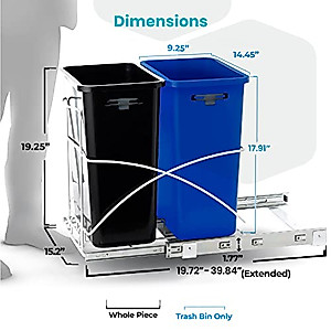 Home Zone Living 15.3 Gallon Pull Out Under Cabinet Trash Can, Large Dual Removable Liners for Recycling and Trash (7.65 + 7.65 for 15.3 Gallon Total)