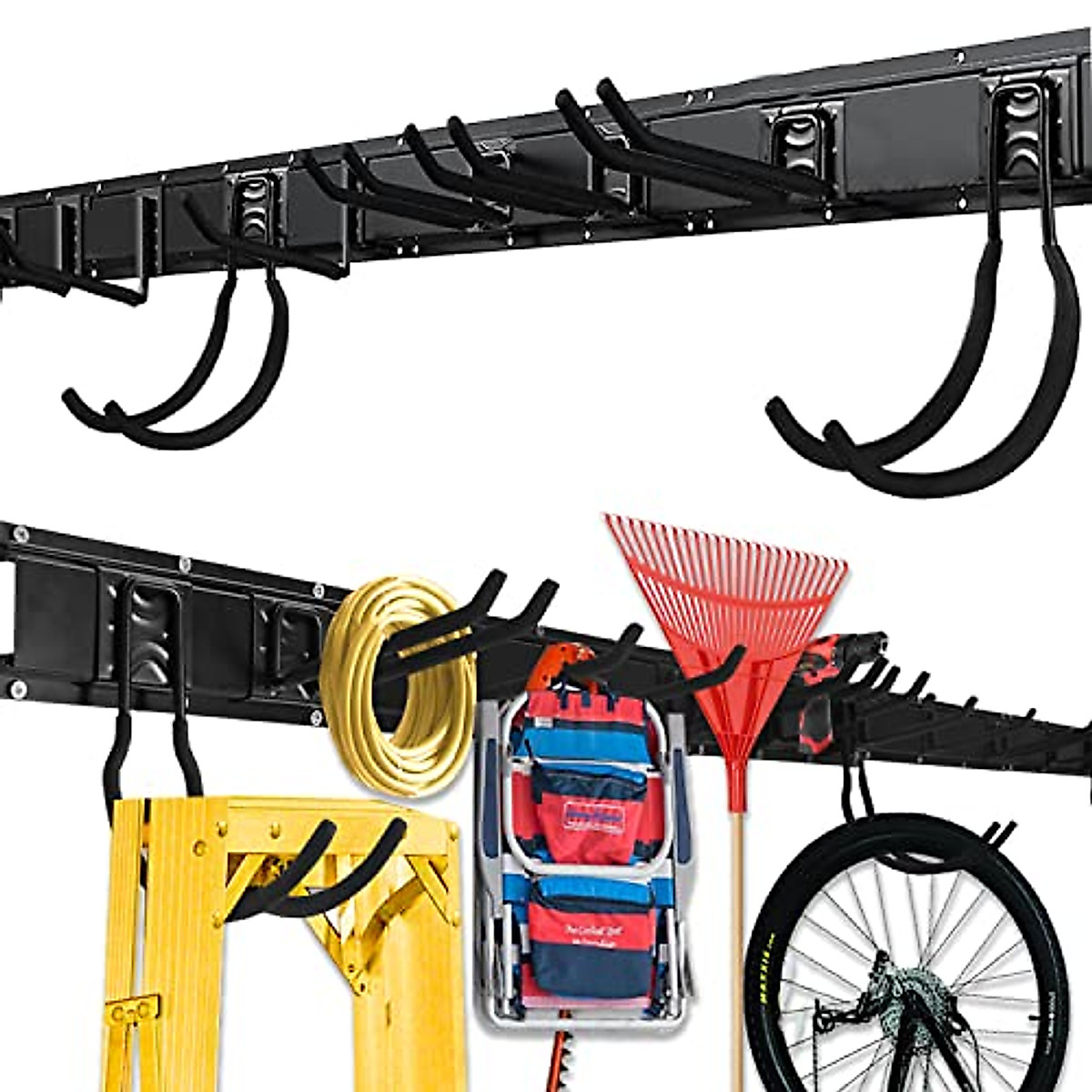 14 PCS Tool Storage Rack, 64 Inch Adjustable Garage Tool Organizer Wall Mounted Storage System with 10 Hooks, Max 600 lbs Super Heavy DutySuper Heavy Duty Steel Garden Tool Organizer Wall Holders
